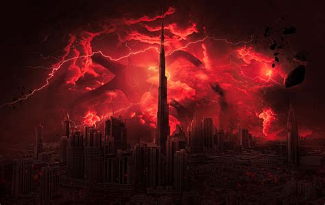 Download Apocalyptic City Under Stormy Red Sky Wallpaper
