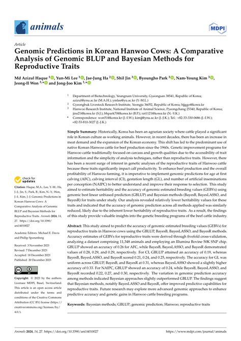 Pdf Genomic Predictions In Korean Hanwoo Cows A Comparative Analysis Of Genomic Blup And