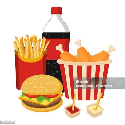 패스트 푸드 콤보 바삭한 치킨 햄버거 소다 감자 튀김 벡터 일러스트 레이 션 0명에 대한 스톡 벡터 아트 및 기타 이미지 0명 Comfort Food 감자 요리