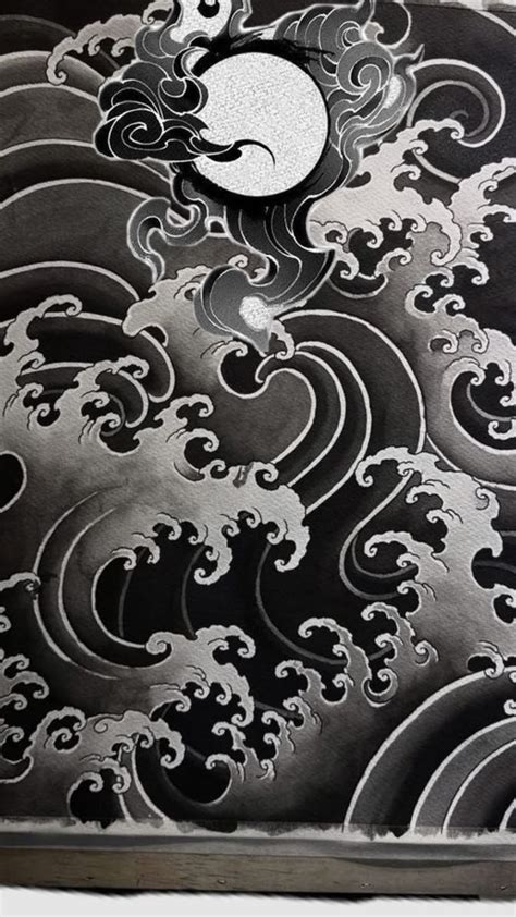 Traditional Japanese Black Wave Art Chinese Moon Tattoo Black And