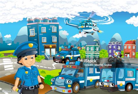 경찰 의무와 경찰관에 대 한 다른 기계와 만화 무대화려하 고 쾌활 한 장면 경찰관에 대한 스톡 벡터 아트 및 기타 이미지 경찰관 교통수단 군용 차량 Istock