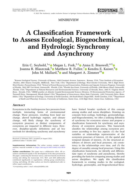 A Classification Framework To Assess Ecological Biogeochemical And Hydrologic Synchrony And