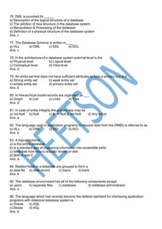 Database MCQ DBMS Most Important Question PDF