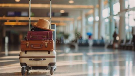 Stack Suitcases Of Varying Sizes And Colors With A Straw Hat On Top Placed On A Luggage Trolley
