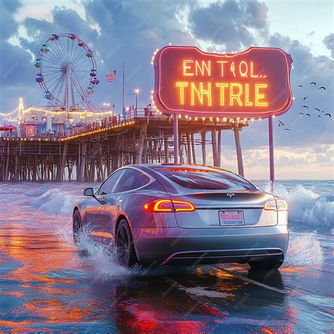 Modern Hybrid Car Passing By The Famous End Of Route 66 Sign Premium