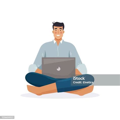 남자는 컴퓨터와 함께 작동합니다 노트북을 가진 프리랜서 플랫 만화 스타일 개념에 대한 스톡 벡터 아트 및 기타 이미지 개념 남성 남자 Istock