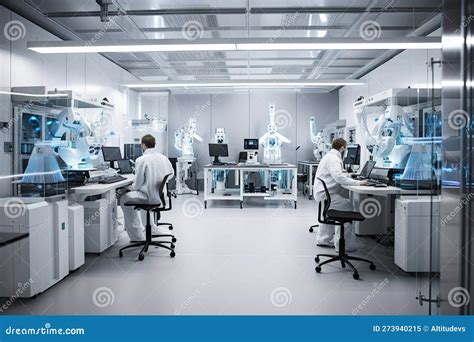 High Tech Lab With Robot Being Programmed And Tested By Team Of Scientists Stock Illustration