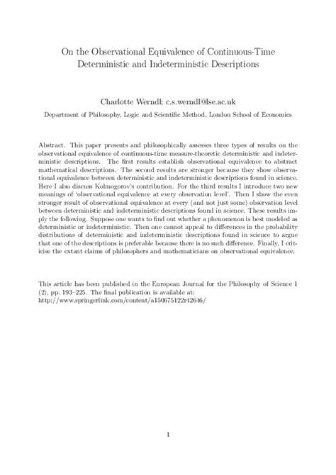 Pdf On The Observational Equivalence Of Continuous Time Deterministic And Indeterministic