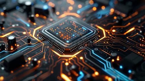 close up of futuristic circuit board with glowing blue pathways and
