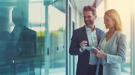 Premium Photo Smiling Business Team Using Tablet Ai Generative