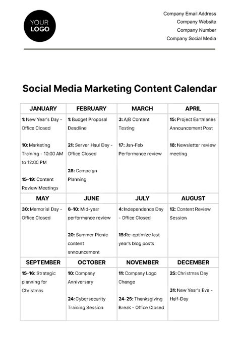 Free Social Media Marketing Content Calendar Schedule Template To Edit