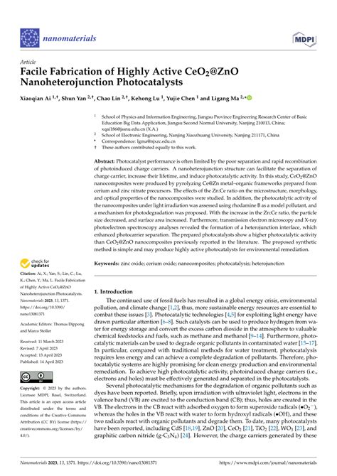Pdf Facile Fabrication Of Highly Active Ceo2zno Nanoheterojunction
