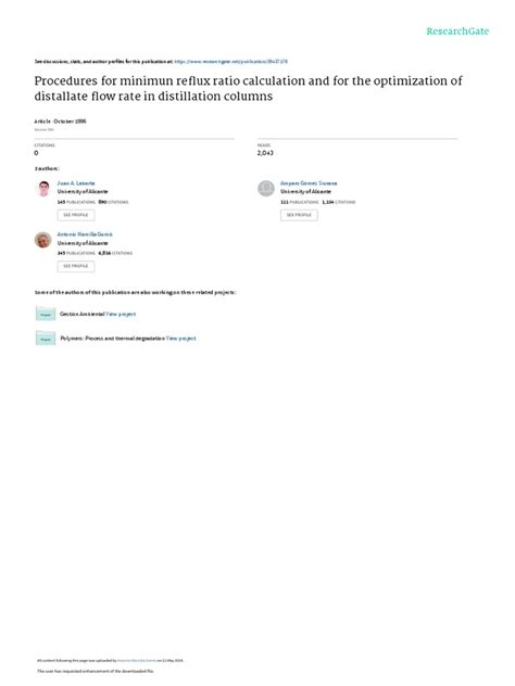 Procedures For Minimun Re Ux Ratio Calculation And For The Optimization Of Distallate Ow Rate In