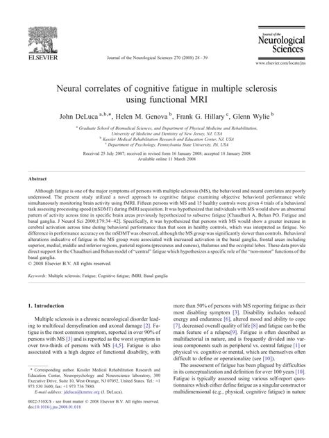Pdf Neural Correlates Of Cognitive Fatigue In Multiple Sclerosis Using Functional Mri