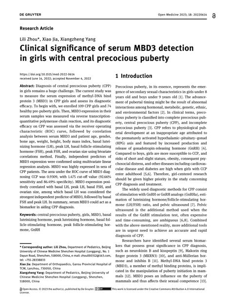 Pdf Clinical Significance Of Serum Mbd3 Detection In Girls With