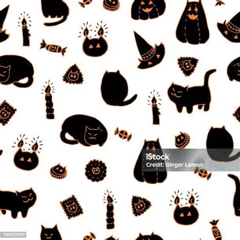 할로윈 벡터 원활한 패턴입니다 뚱뚱한 고양이 호박 모자 쿠키 양초 와 사탕의 손으로 그린 잉크 낙서 흰색에 주황색 윤곽선이 있는 블랙 10월에 대한 스톡 벡터 아트 및 기타
