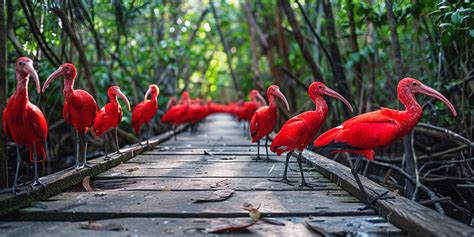 A Scarlet Ibis Eudocimus Ruber In Flight With Blue Sky And Green