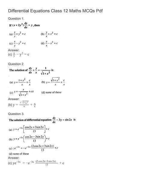 Solution Maths Mcqs For Class 12 With Answers Chapter 9 Differential