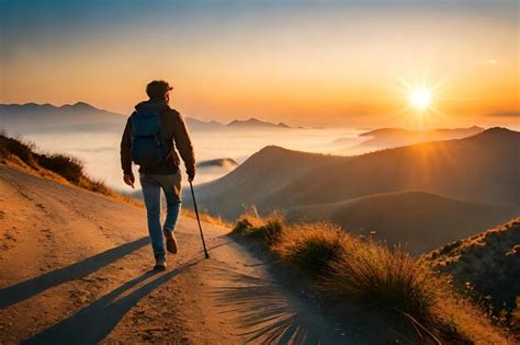 Premium Photo A Man Walks Down A Path With A Backpack And A Backpack