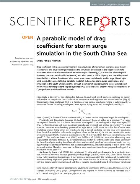 Solution A Parabolic Model Of Drag Coefficient For Storm Surge Simulation In The South China