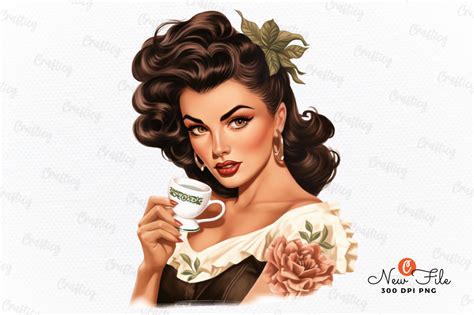 Vintage Pin Up Latin Coffee Girl Clipart Illustration Par Graftify