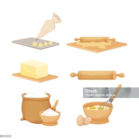 베이킹 주방 나무 기구 재료로 설정 된 페이스트리 가루가 있는 그릇 롤링 핀과 반죽이 달린 책상 흰색 배경에 고립된 만화 스타일의 밀가루가 달린 가방 벡터 그림입니다 가루로
