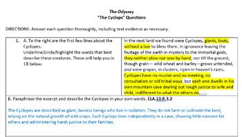 The Odyssey Book 9 The Cyclops Questions By Englishteacherfl