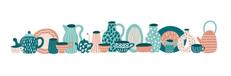 도자기 도자기 주방 용품 컬렉션 접시 냄비 컵 머그잔 숟가락 접시 주전자 흰색에 고립 된 그릇 손으로 그린 벡터 세트 평면 디자인 가정 생활에 대한 스톡 벡터 아트 및 기타