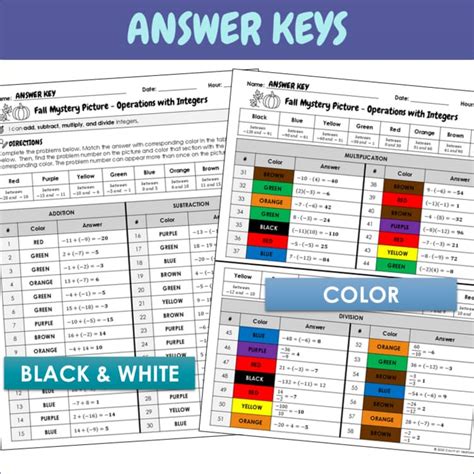 Fall Integer Operations Mystery Picture Integers Color By Number Activity