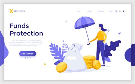 우산으로 달러 동전과 돈 가방을 보호하는 여자가 있는 랜딩 페이지 템플릿입니다 자금 보호 자본 또는 금융 자산의 보안의 개념 웹
