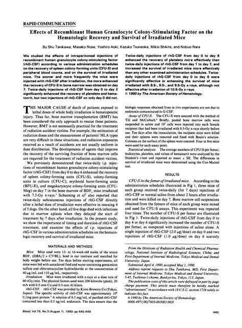 Pdf Effects Of Recombinant Human Granulocyte Colony Stimulating Factor On The Hematologic