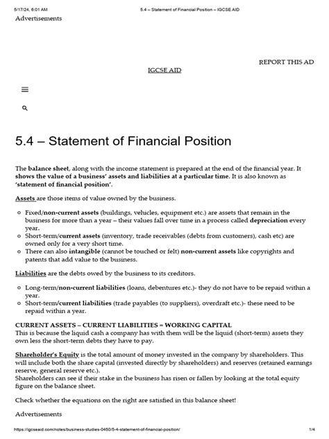 5 4 Statement Of Financial Position Igcse Aid Pdf Balance Sheet Equity Finance