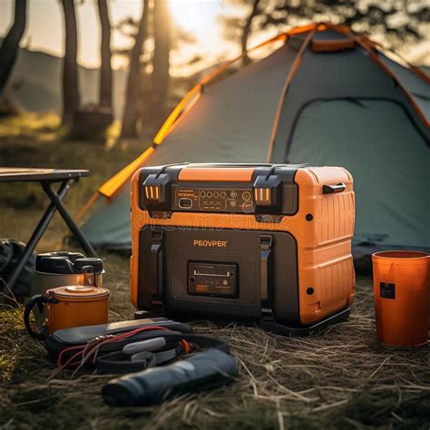 Advertising Photography Portable Power Generator On The Grass In Front Of The Tent At Sunset