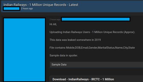 Irctc User Data Breach 900k Records On Dark Web