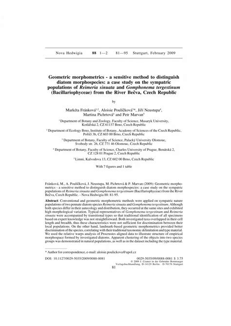 Pdf Geometric Morphometrics A Sensitive Method To Distinguish Diatom Morphospecies A Case