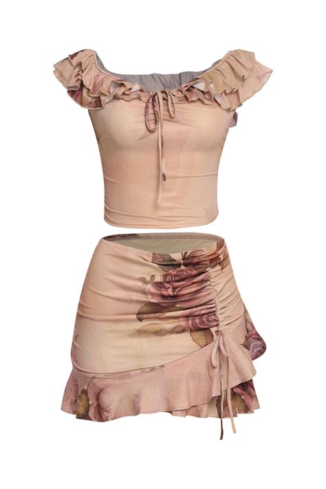Mesh Ruffled Off Shoulder Top And Mini Skirt Set Bogomore