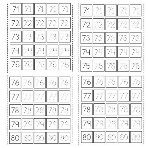 numbers 71 80 tracing worksheet for kindergarten and pre school math