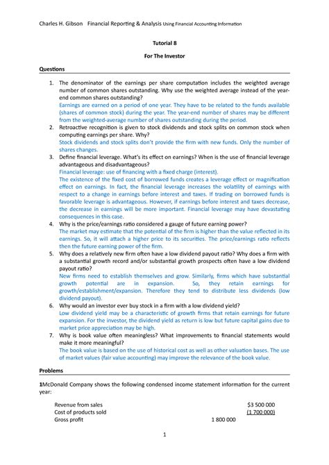 Fsa Tutorial 8 With Solutions Tutorial 8 For The Investor Questions
