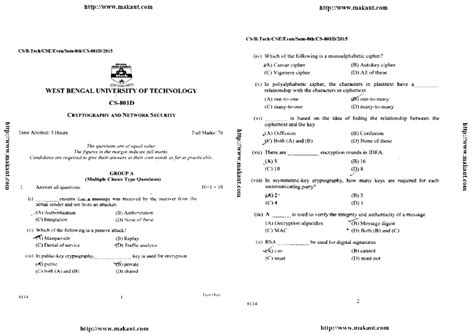 Btech Cse 8 Sem Cryptography And Network Security 2015 Cryptography