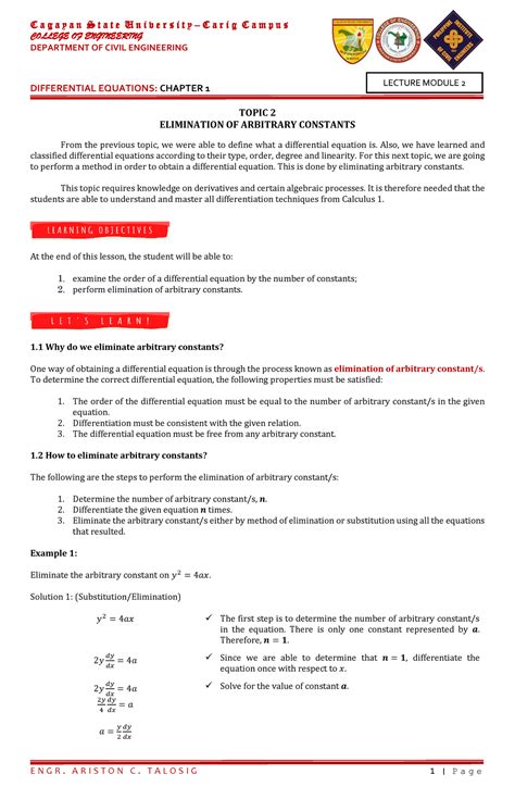 Elimination Of Arbitrary Constants Module 2 College Of Engineering Department Of Civil