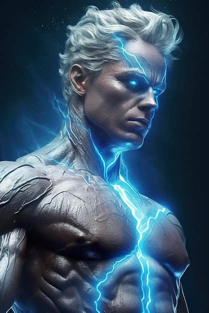 Premium Photo A Man In A Metal Body With Blue Eyes Looking At Lightning Ai Generative