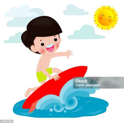 서핑 보드와 바다 물결에 타고 귀여운 서퍼 소년 캐릭터 행복 한 젊은 서퍼 사람에 그만큼 문장 파도 평면 벡터 일러스트 개성 개념에 대한 스톡 벡터 아트 및 기타 이미지