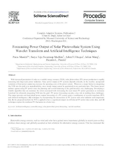 Pdf Forecasting Power Output Of Solar Photovoltaic System Using Wavelet Transform And