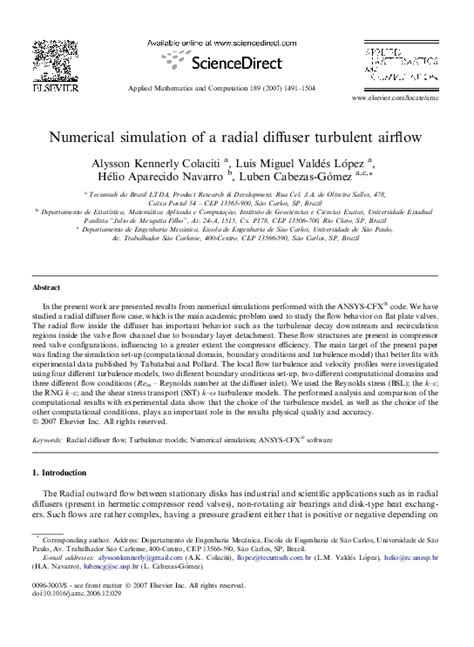 Pdf Numerical Simulation Of A Radial Diffuser Turbulent Airflow Luisa Maria Lindo Lopez