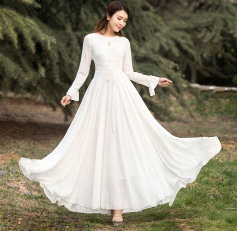 White Chiffon Dress Long Sleeve Bohemian Swing Chiffon Dress Women
