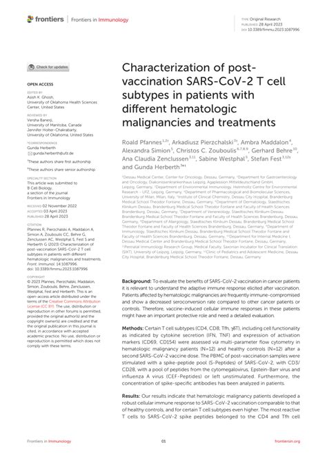 Pdf Characterization Of Post Vaccination Sars Cov 2 T Cell Subtypes In Patients With Different