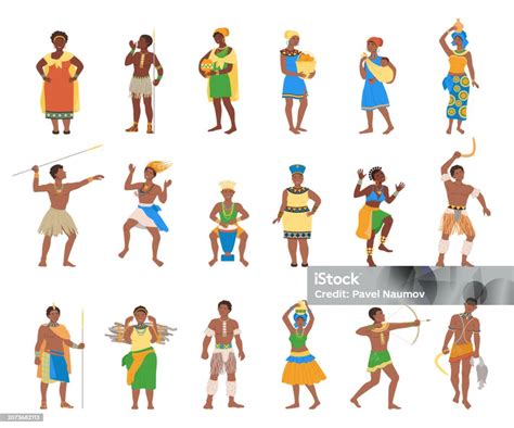 맨발 아프리카 원주민 캐릭터 옷 에서 전통적인 부족의 의복 벡터 일러스트 레이 션 세트 개체 그룹에 대한 스톡 벡터 아트 및 기타 이미지 Istock