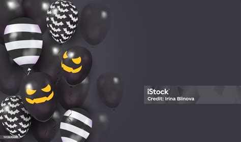 얼굴이있는 3d 풍선이있는 템플릿 검은 색 배너 즐거운 할로윈 보내세요 10월에 대한 스톡 벡터 아트 및 기타 이미지 10월 3차원 형태 가을 Istock