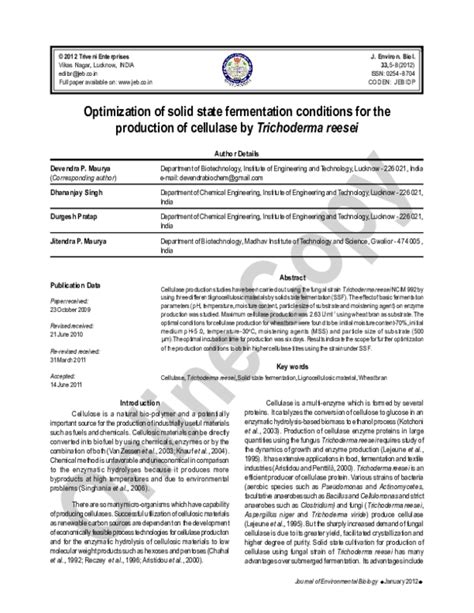 Pdf Optimization Of Solid State Fermentation Conditions For The Production Of Cellulase By