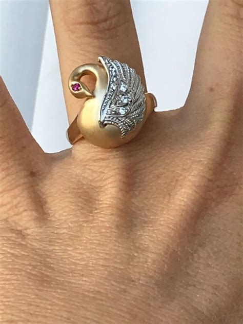 Sale Gold Swan Ring 14k Yellow White Solid T Her Love Size 7 Ask 5 6